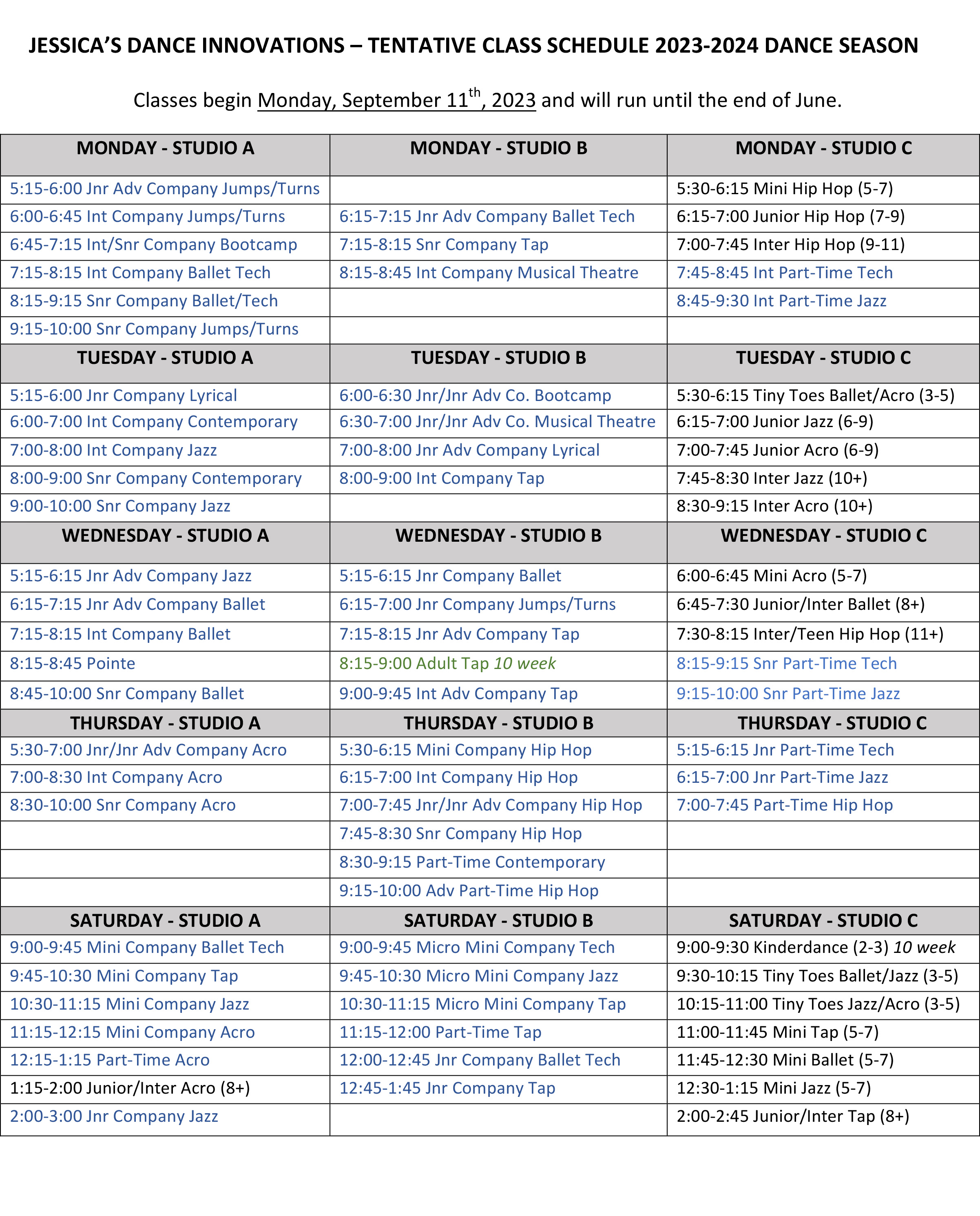 Schedule 2022-2023 Jessica's Dance Innovations | Jessica's Dance ...